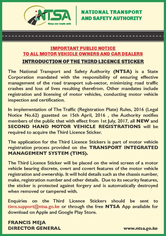 Third License Sticker to Take Effect from 1st July 2017- NTSA - Kenyans ...